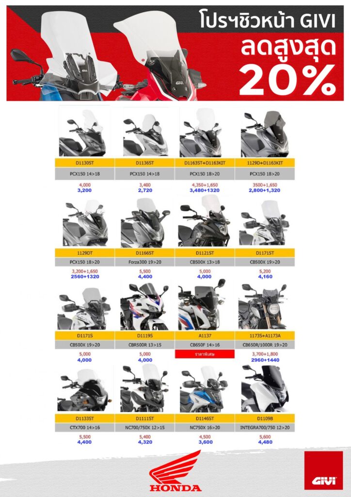 Genuine GIVI Windscreen, 20% off all models, December only.
